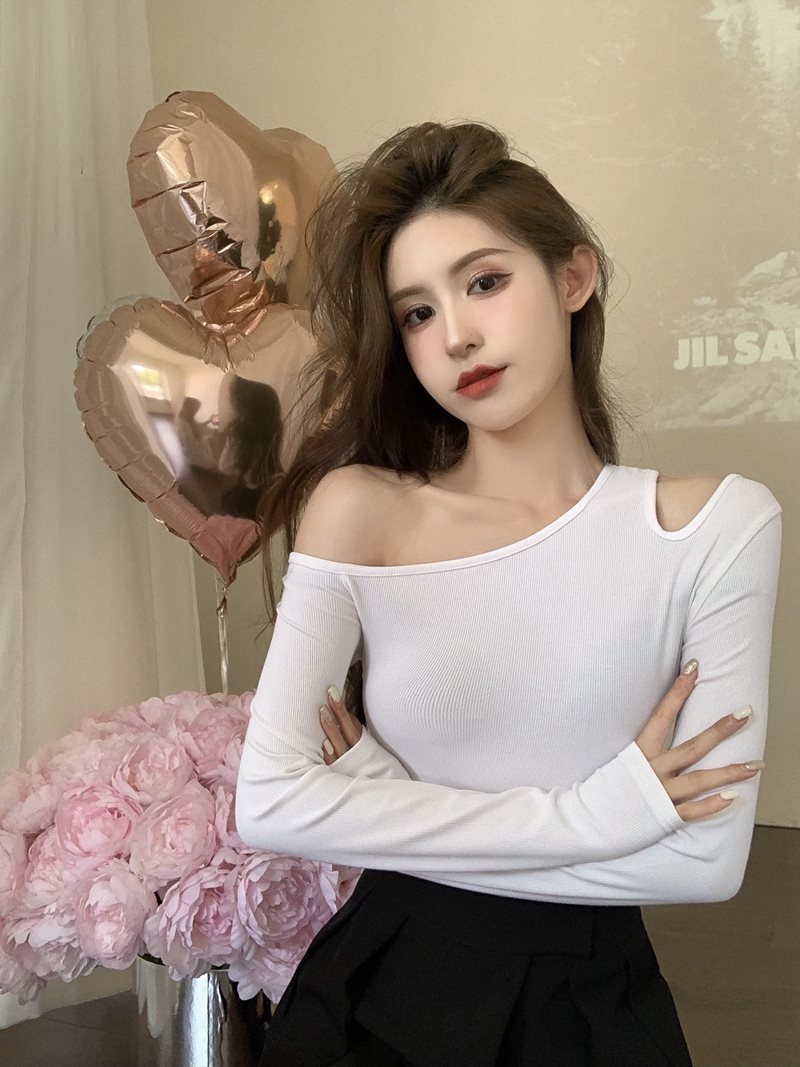 Fashion Skew Collar Off Shoulder Long Sleeve T Shirt Womens Slim Fit 1400