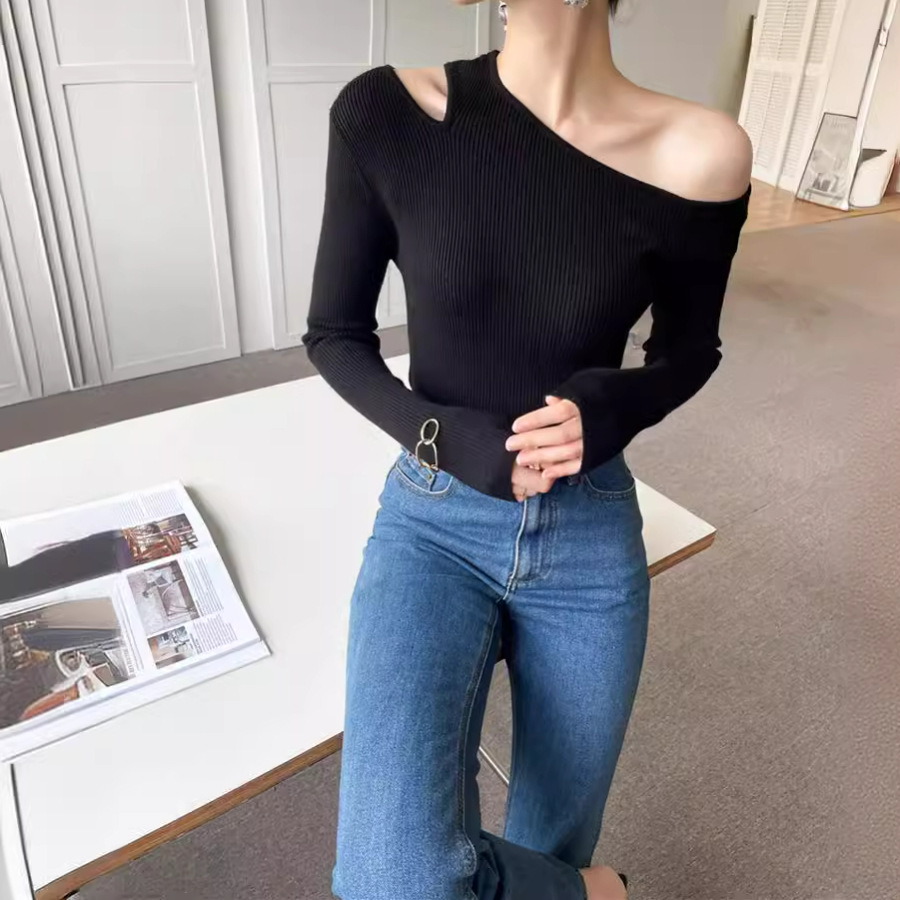 Fashion Skew Collar Off-shoulder Long Sleeve T-shirt Women's Slim Fit ...