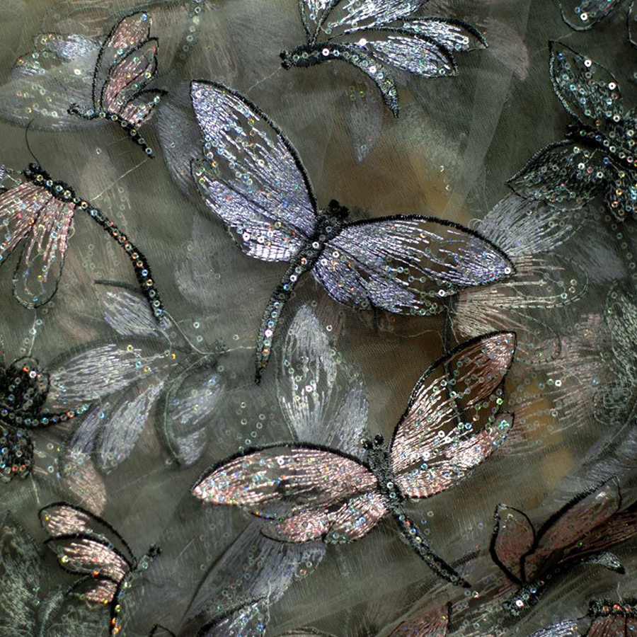 1 Yard Sequins Grey Embroidered Butterfly Dragonfly Garment Lace Fabric ...