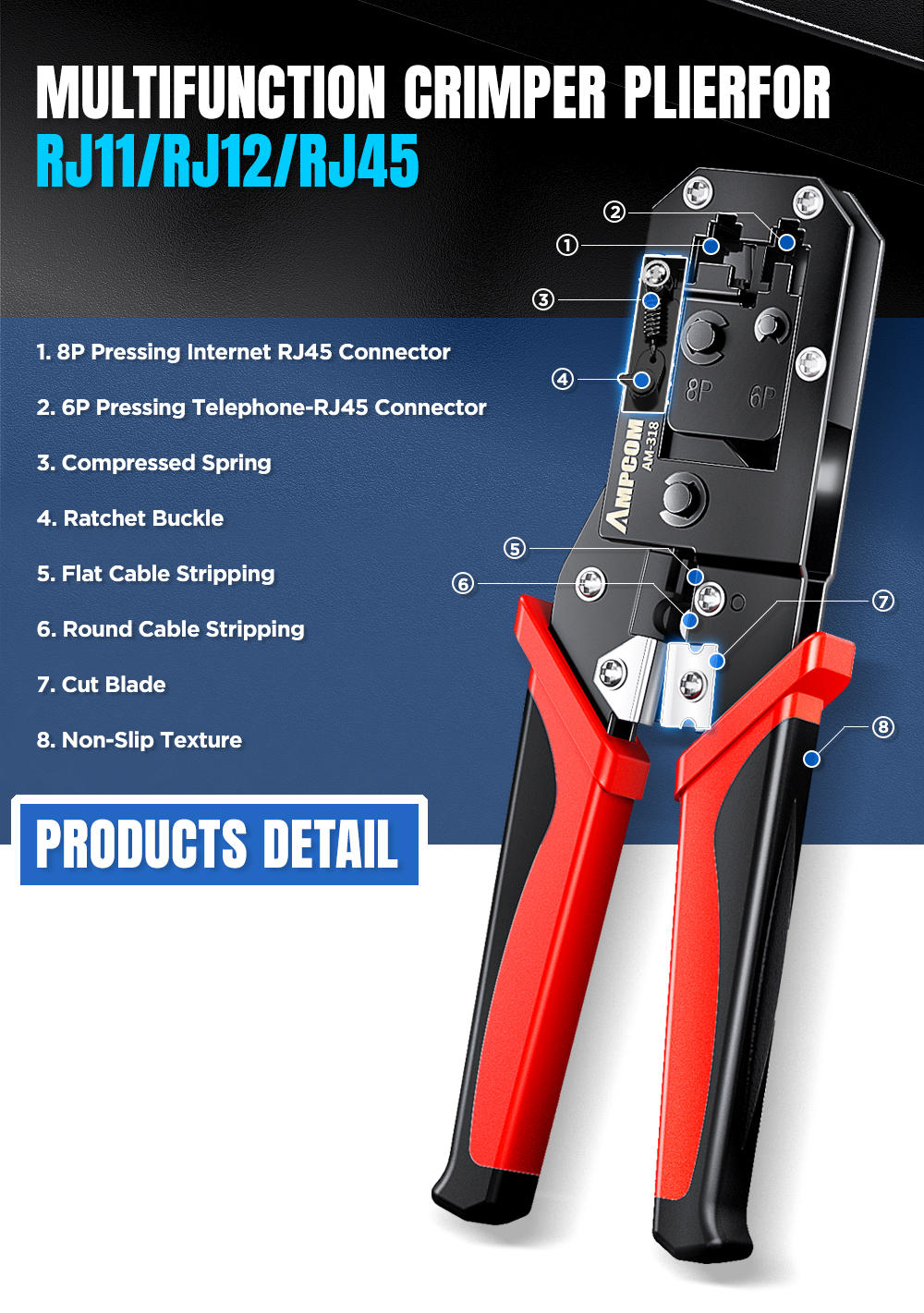 AMPCOM RJ45 Crimping Tool Ethernet Network LAN Cable Modular 8P RJ45 ...