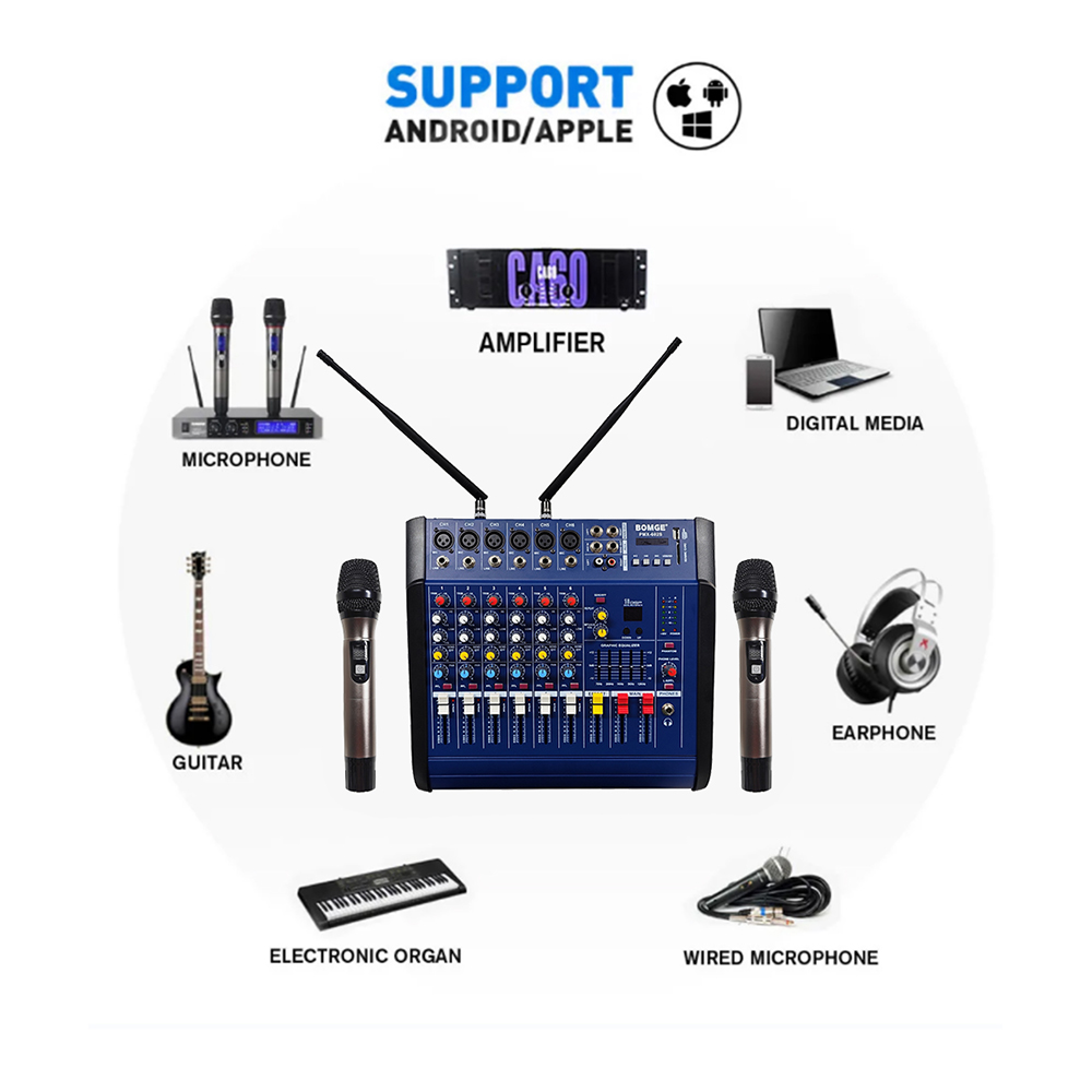 PMX-602S Phantom Power Mixer USB 6 Channel Amplifier DJ Karaoke Audio ...