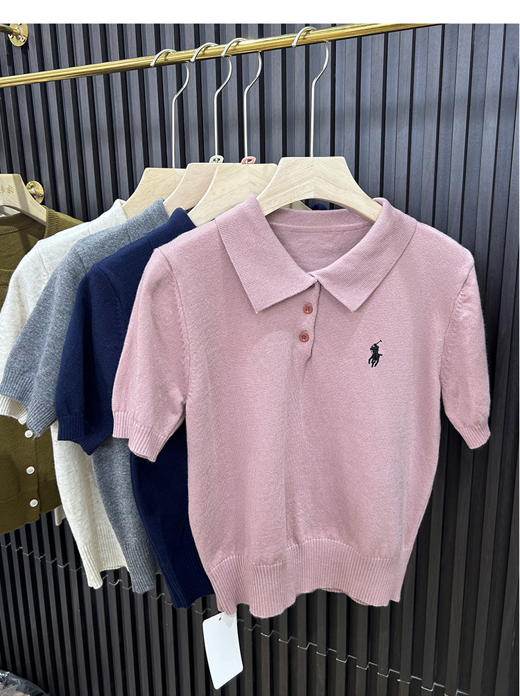 Solid color POLO neck knit T-shirt for women with short sleeved ...