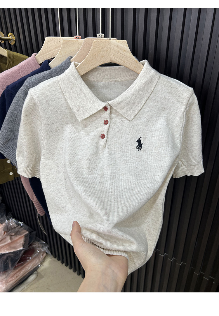 Solid color POLO neck knit T-shirt for women with short sleeved ...