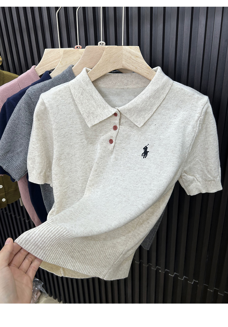 Solid color POLO neck knit T-shirt for women with short sleeved ...