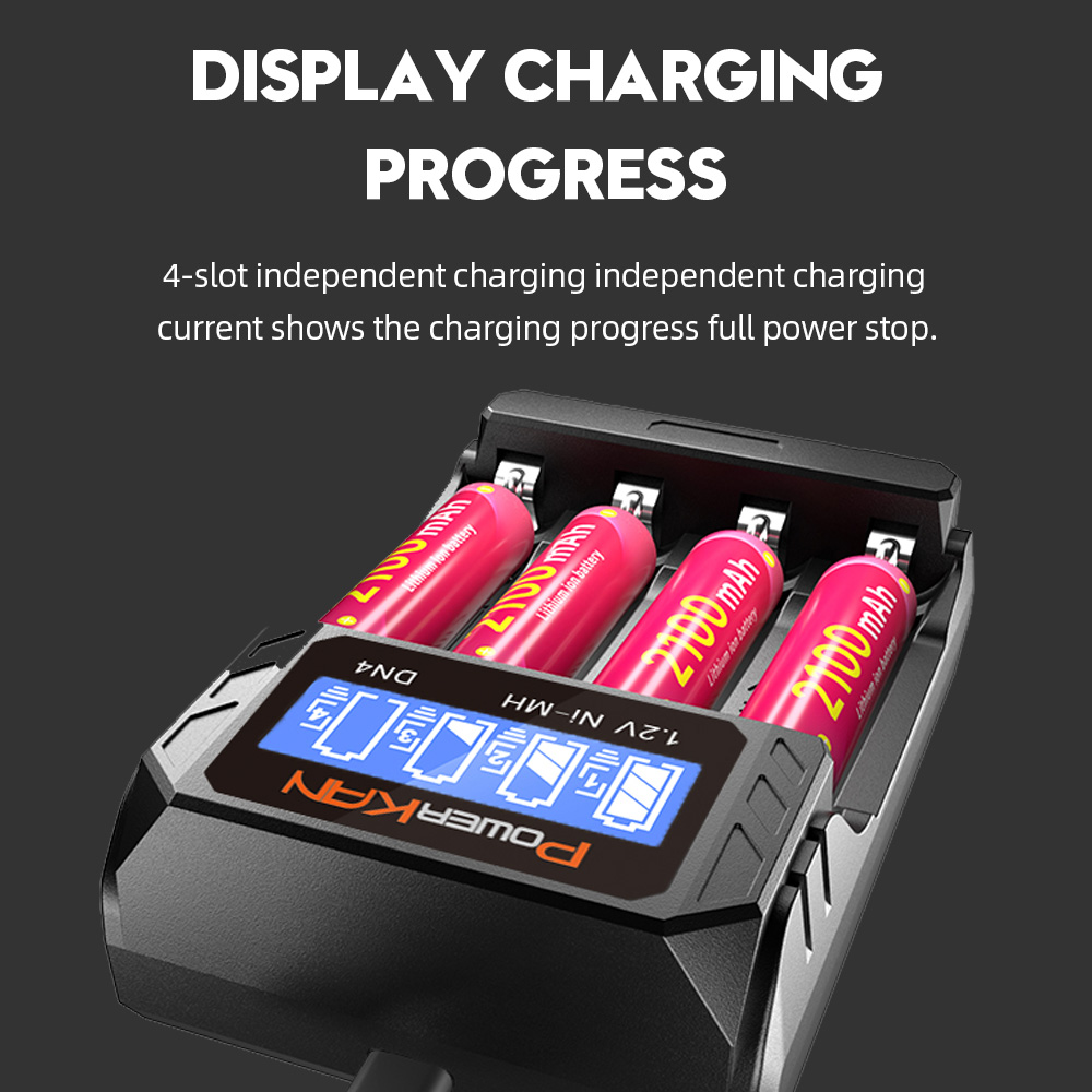 POWERKAN DN4 Battery Charger with LCD Charging Display for 4 1.2V NiMH ...