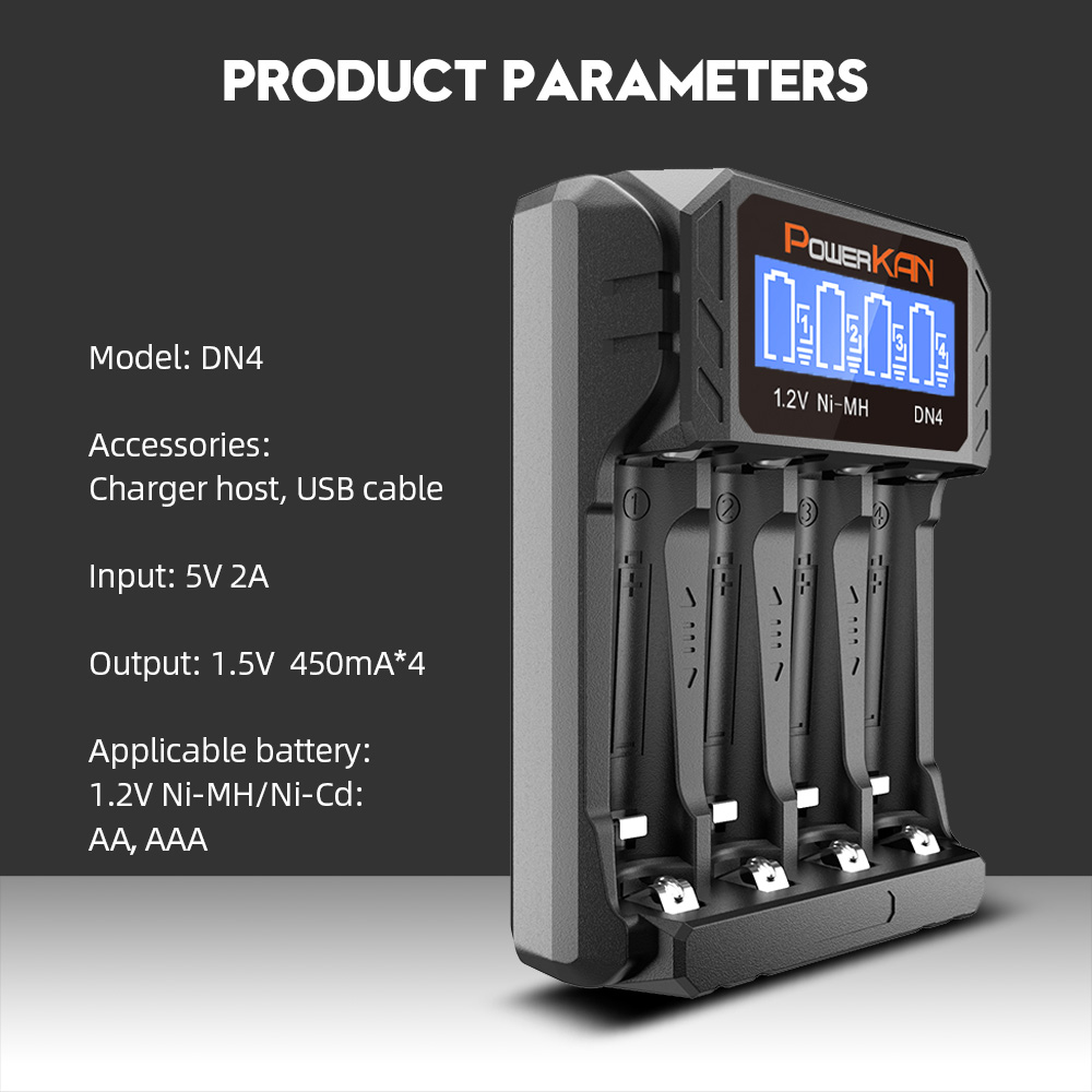 POWERKAN DN4 Battery Charger with LCD Charging Display for 4 1.2V NiMH ...