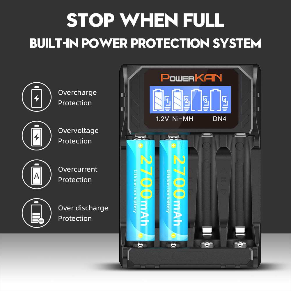 POWERKAN DN4 Battery Charger with LCD Charging Display for 4 1.2V NiMH ...