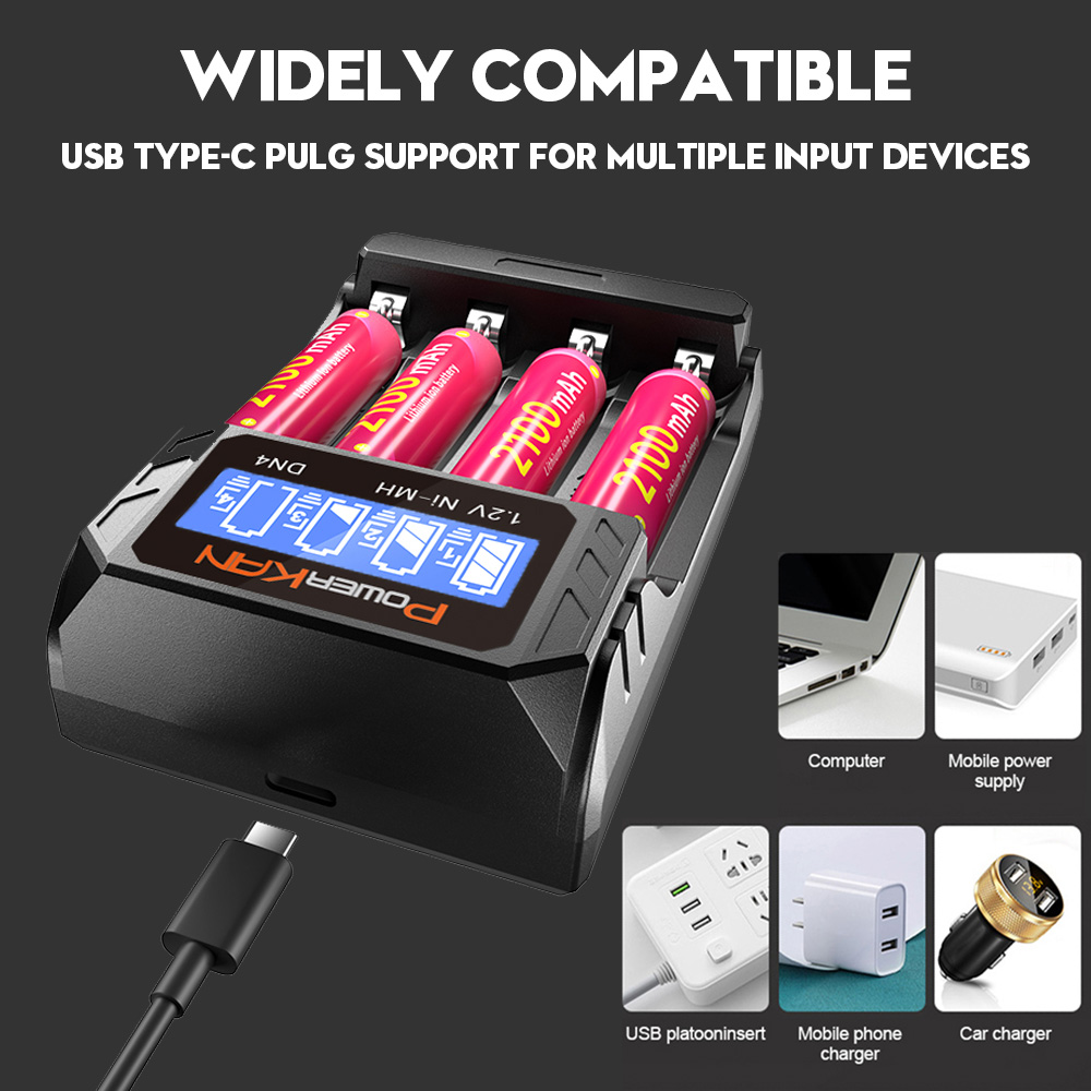 POWERKAN DN4 Battery Charger with LCD Charging Display for 4 1.2V NiMH ...