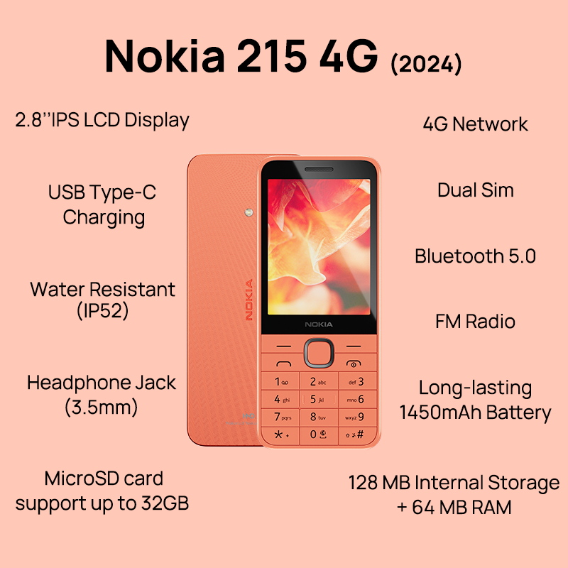 Nokia 215 4G Phone (2.8" IPS Screen/1450mAh/Daul Sim/Bluetooth 5.0/Type ...