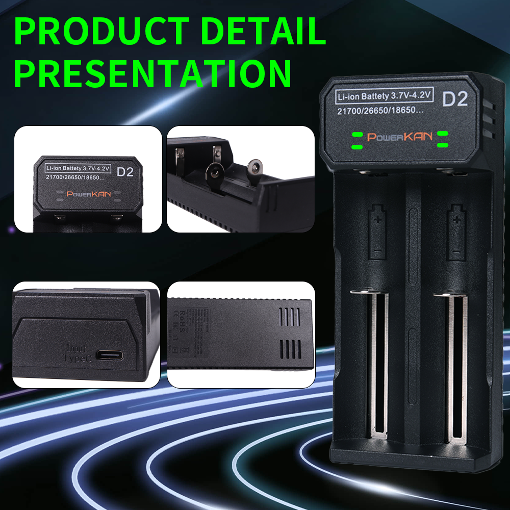 POWERKAN Li-ion D2 21700 Smart Battery Charger 3.7V for 26650 18500 ...