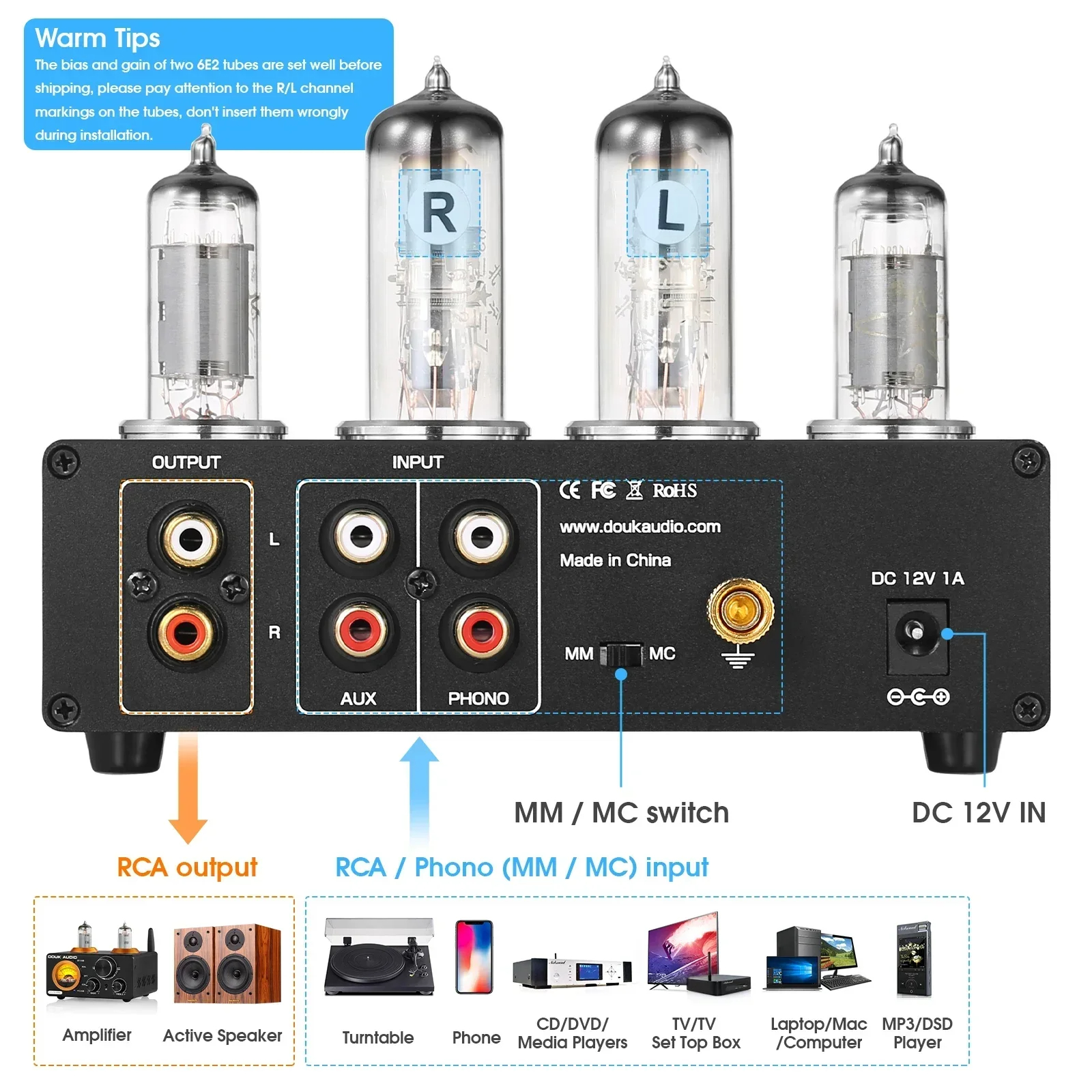 T9 Mini 6E2 Stereo Audio Vacuum Tube Preamplifier MM/MC Phono Stage ...