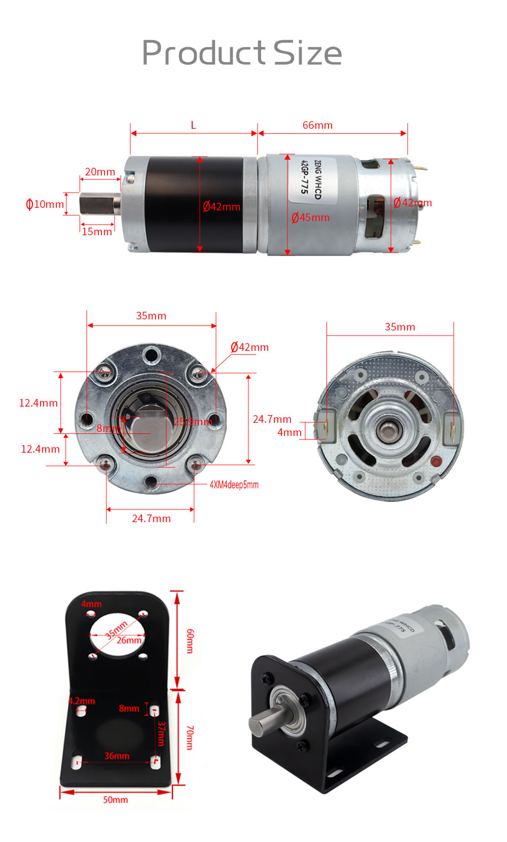 42GP-775 DC Gear Motor With Bracket Metal Planetary Gear 12V~24V ...