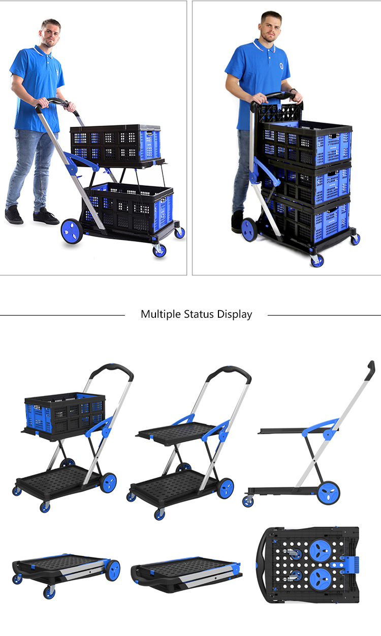 Folding Shopping Cart, Two Tier Collapsible Cart with One Crate, Heavy ...