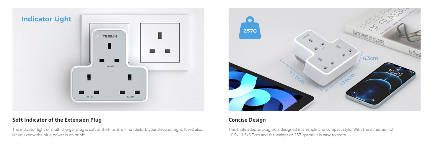 TESSAN Multi Plug Extension with 3 USB（1C）,6 IN 1 Wall Socekt Extension ...