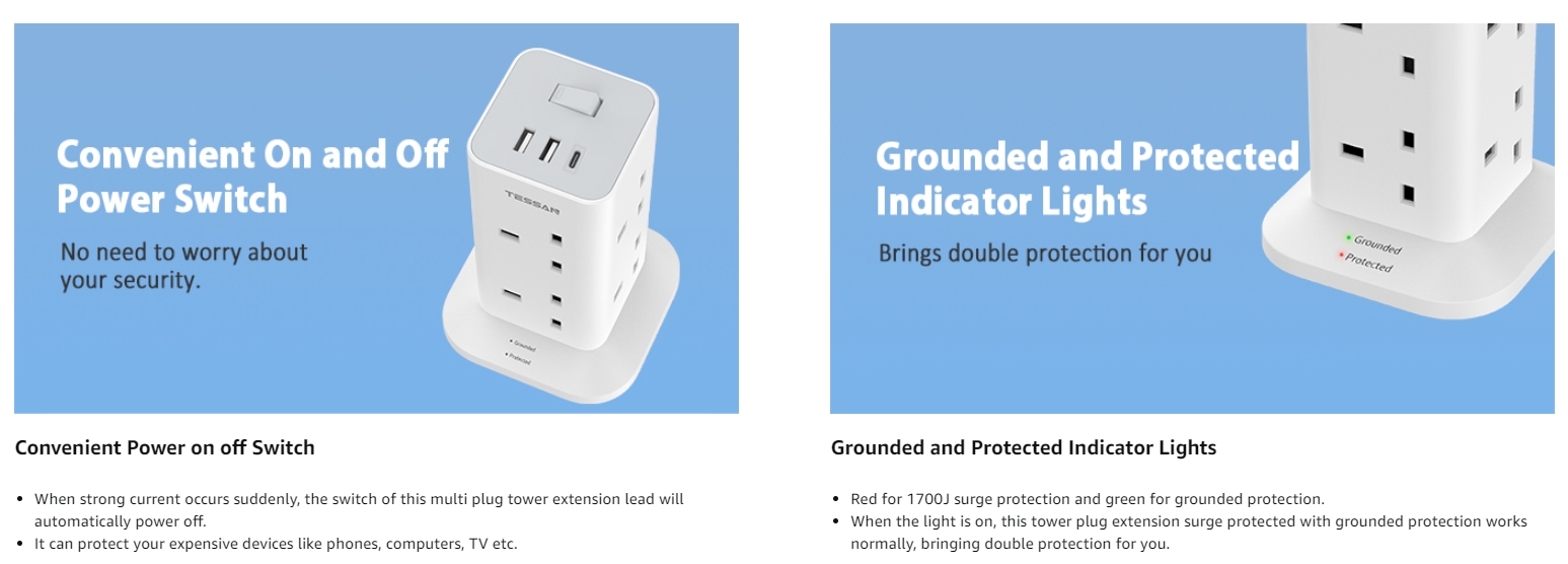 TESSAN Multi Plug Extension Socket Extension Plug Tower Socket ,3 USB ...