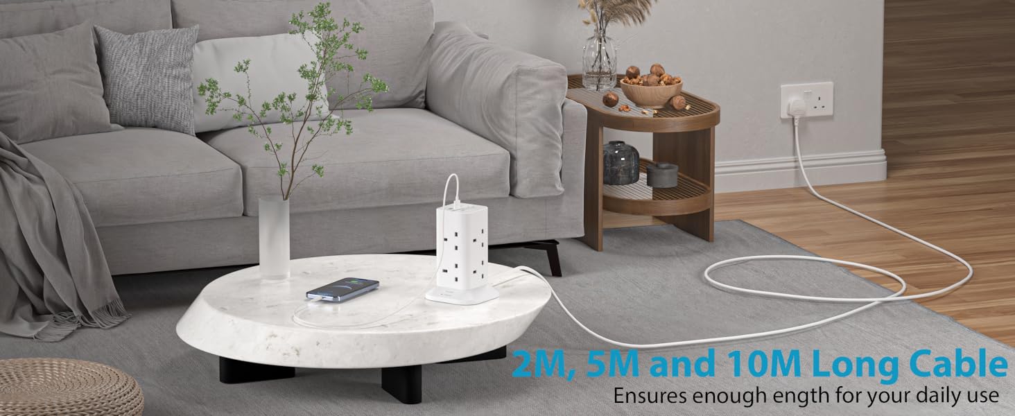 TESSAN 3M Extension Cord with USB C,8 Way Multi Plug Extension Socket ...