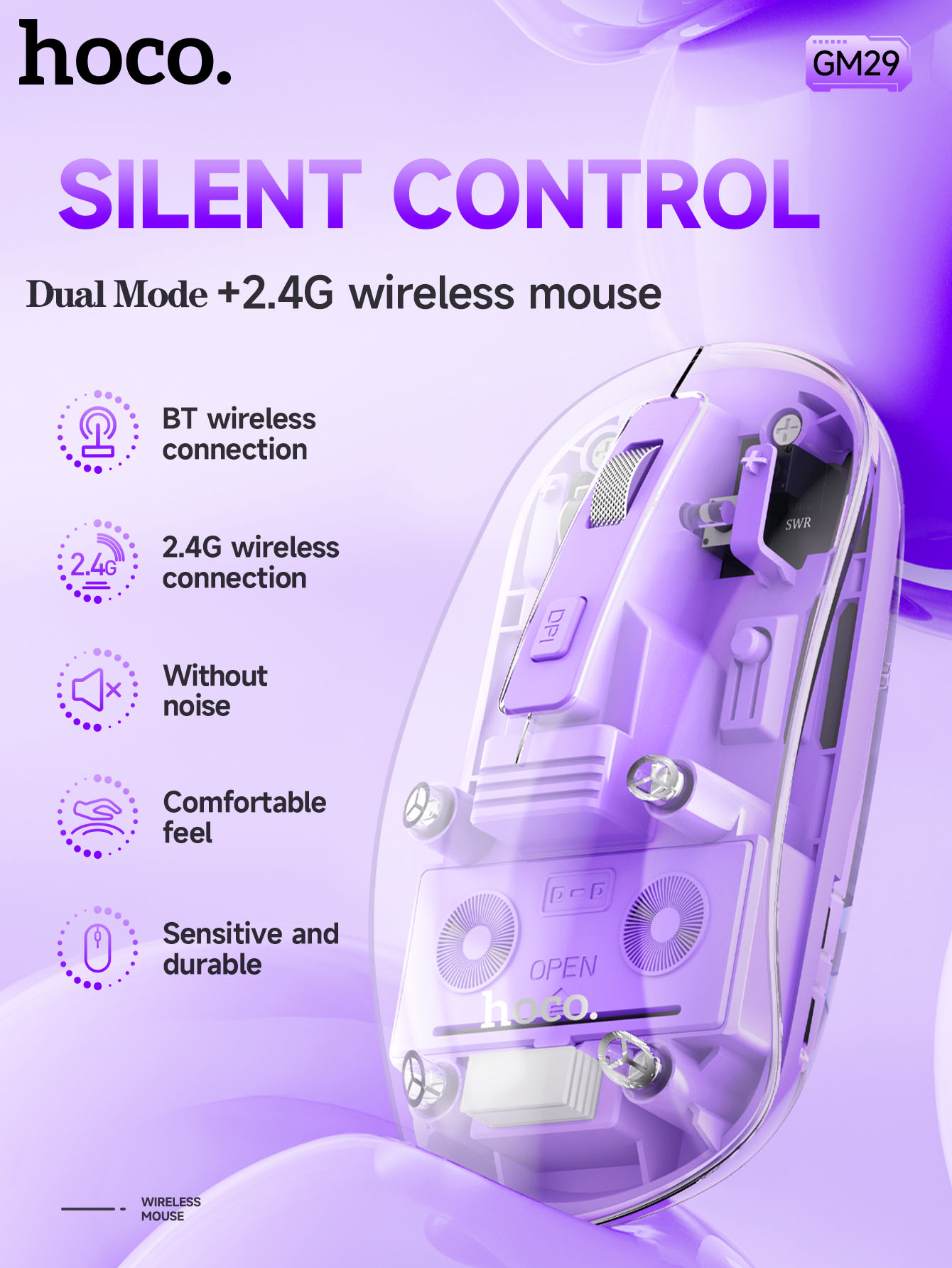 HOCO GM29 Dual Mode Silent Wireless Mouse Bluetooth Transparent Mouse ...