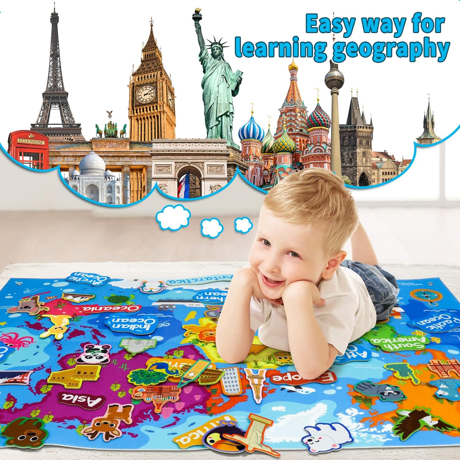 World Felt Map with World Famous Sights Educational Play Mat Flannel ...