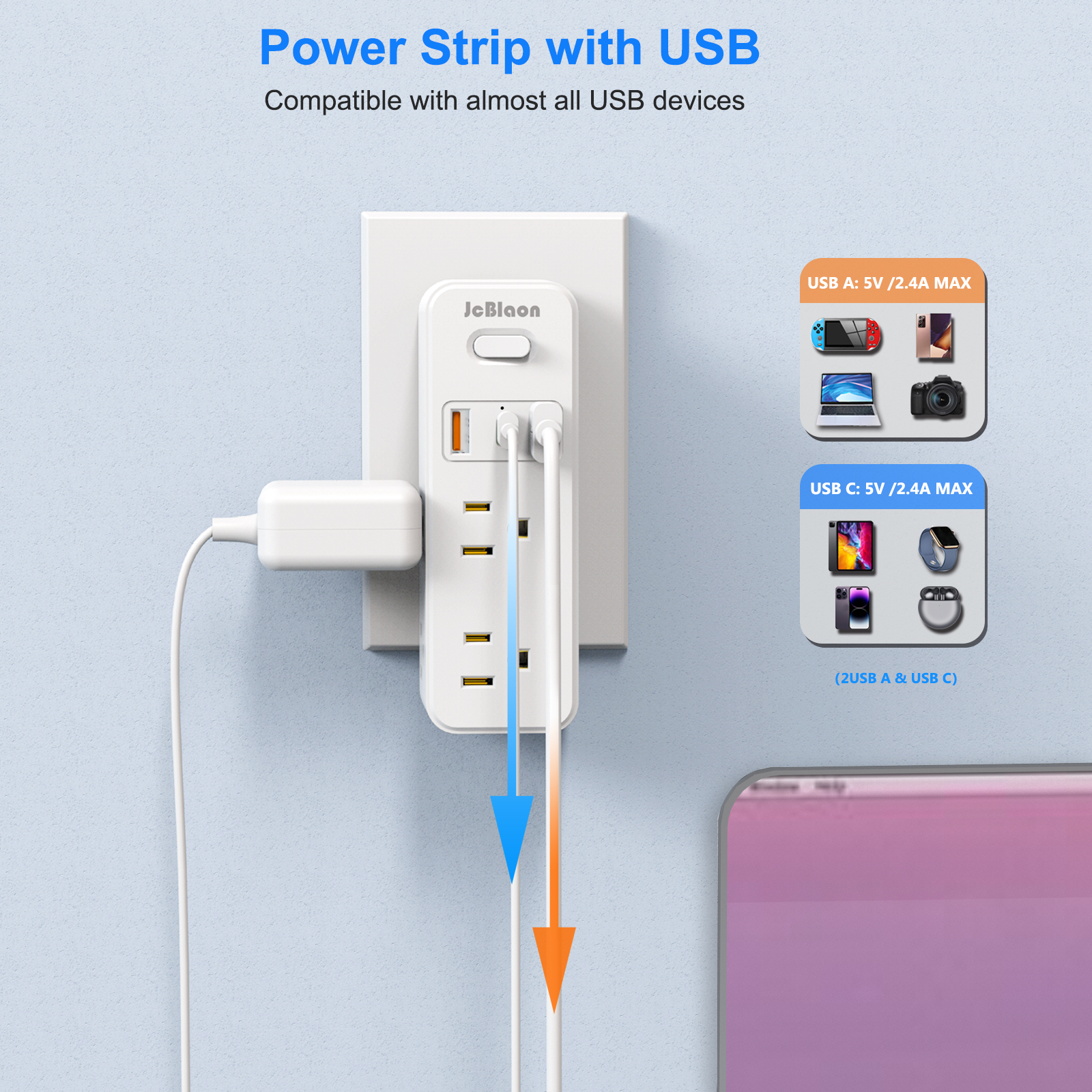 Rotating Plug USB Outlet Extender Surge Protector - with 6 AC Multi ...