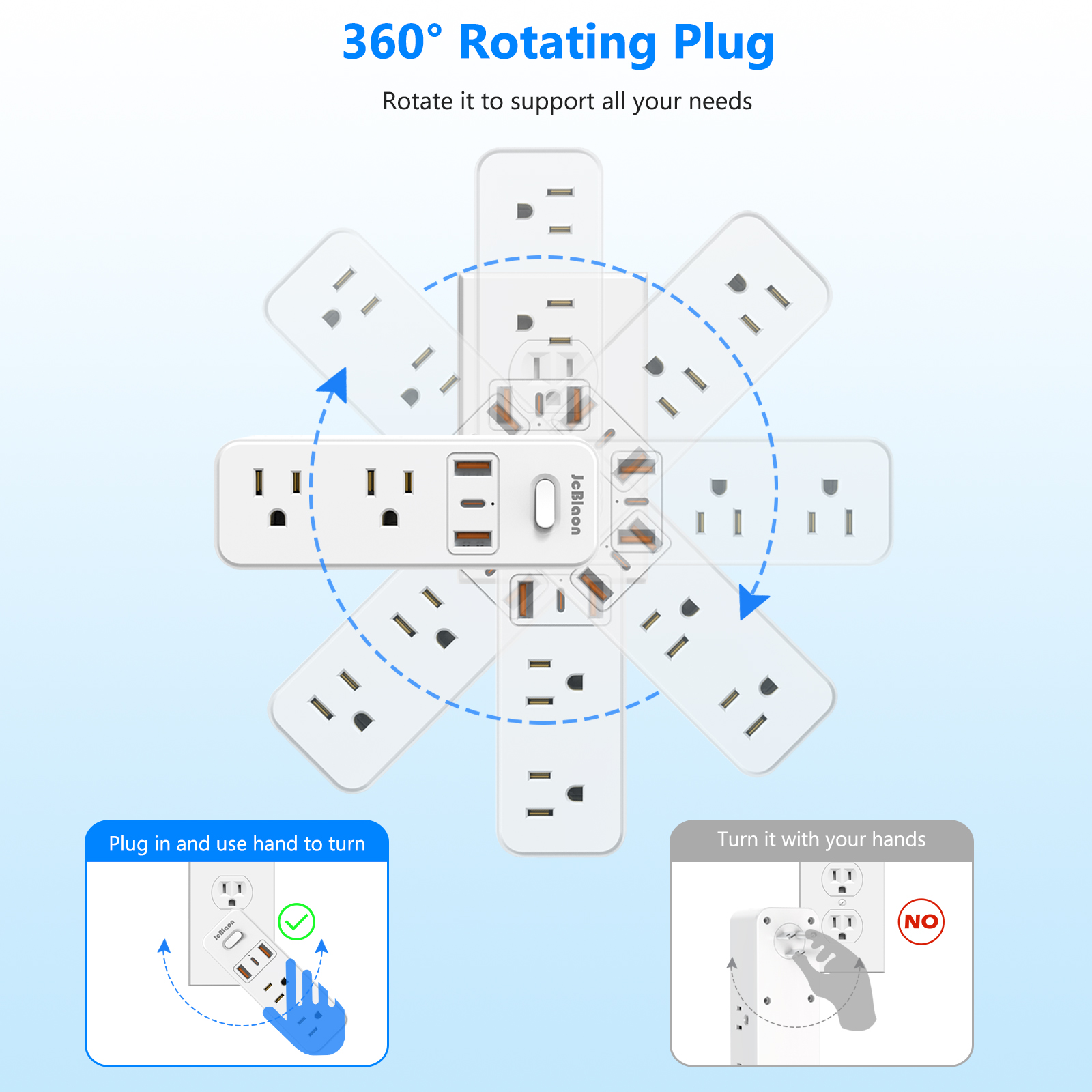 Rotating Plug USB Outlet Extender Surge Protector - with 6 AC Multi ...