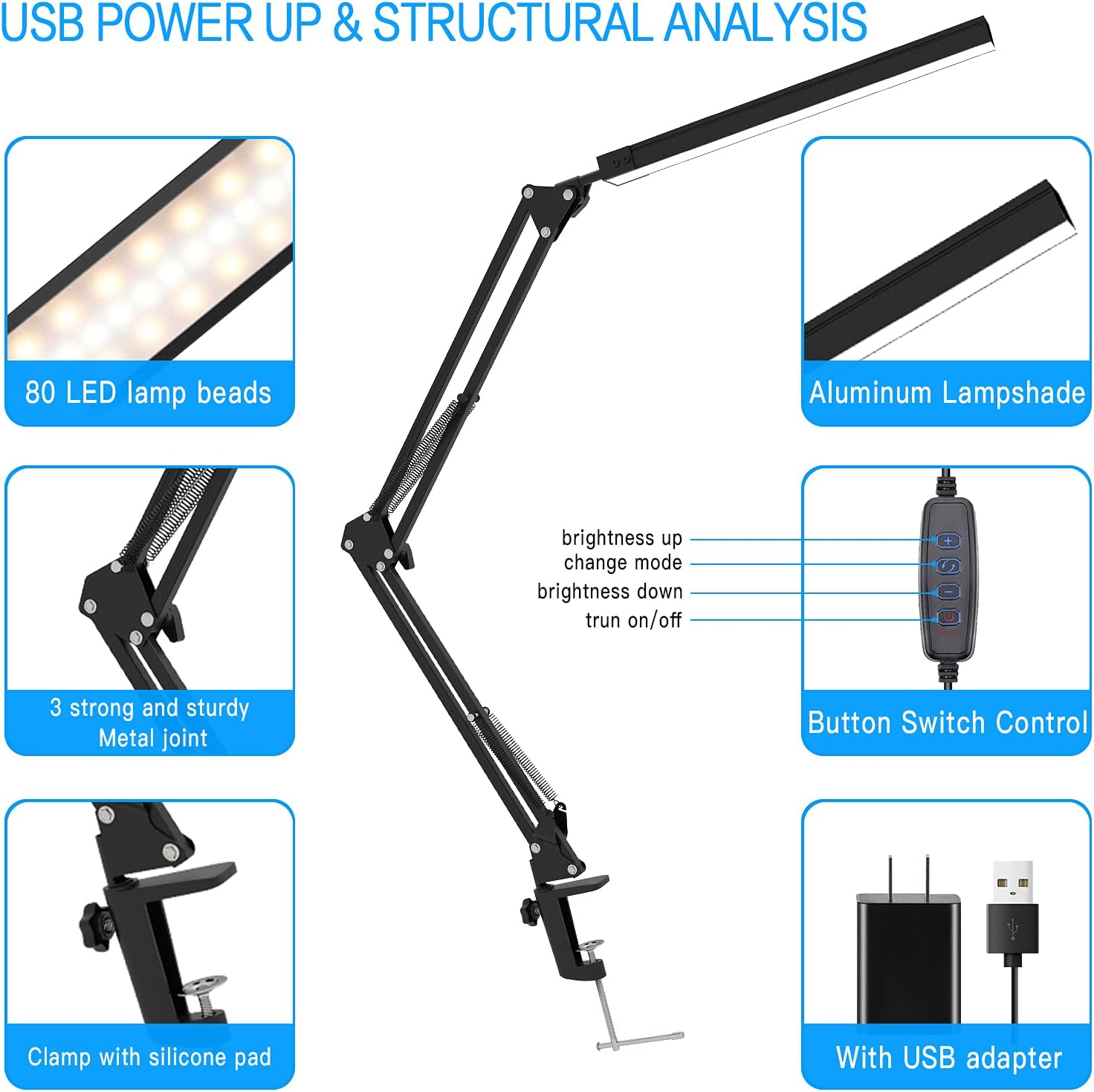 3 Light Colors LED Flexible Desk Table Lamp with Rotatable Clamp Study ...