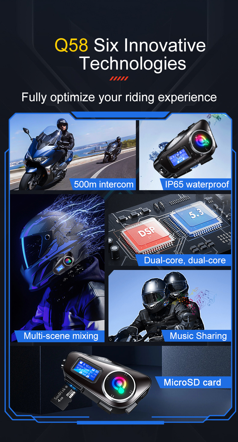 Q58 Max Motorcycle Helmet Bluetooth Intercom IP65 Waterproof Intercom Distance 500 Meters Multi ...