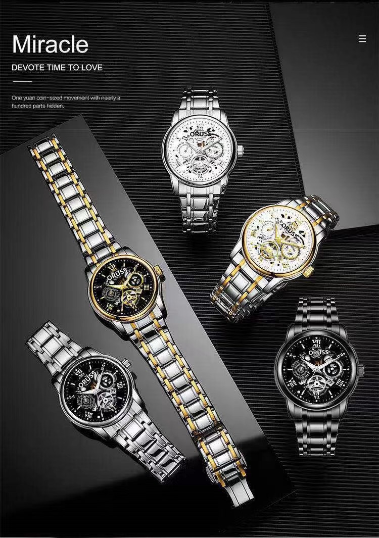 ORUSS Original Men Stainless Steel/Leather Date Hollow Luxury Black ...
