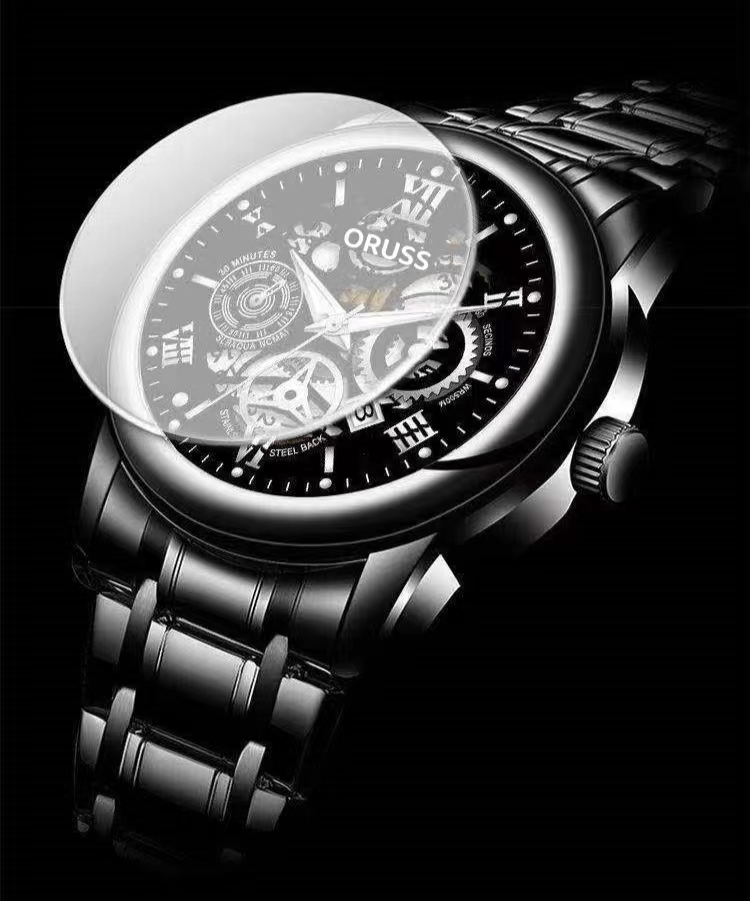 ORUSS Original Men Stainless Steel/Leather Date Hollow Luxury Black ...