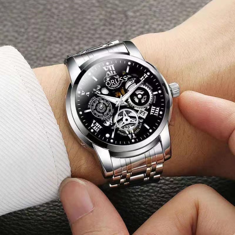 ORUSS Original Men Stainless Steel/Leather Date Hollow Luxury Black ...