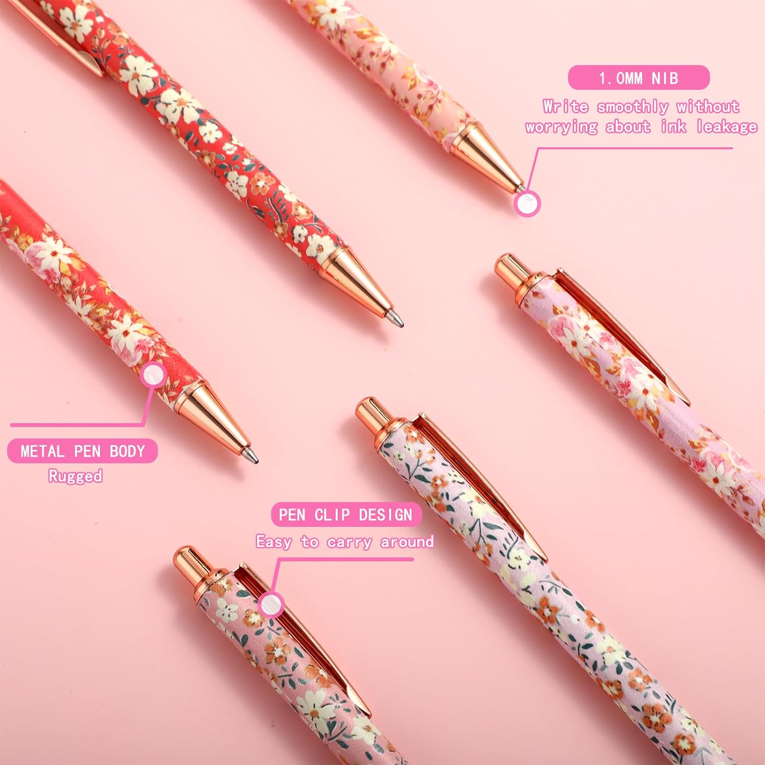 6pcs Floral Art Ballpoint Pens, 1.0mm Fashionable Retractable Ballpoint ...