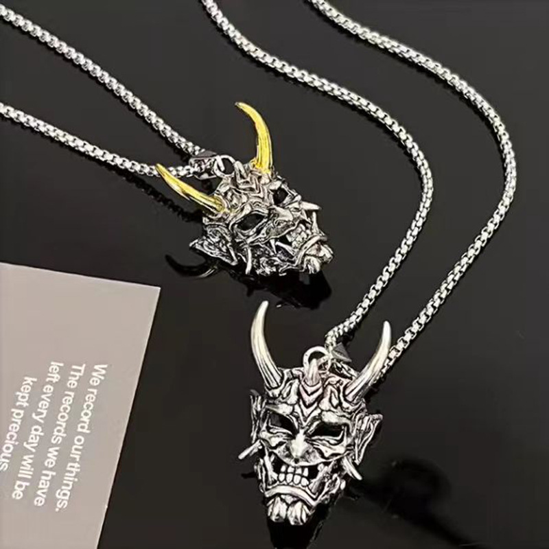 Dark Vintage Prajna Mask Titanium Steel Necklace Men Long Horn King ...