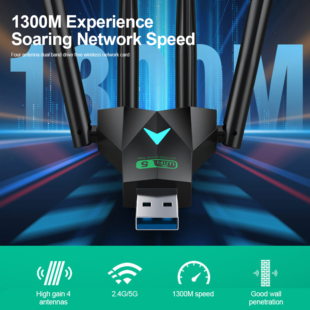 (Local Shipment) 1300Mbps WiFi6 USB Adapter Dual Band 2.4G+5Ghz Wi-Fi Dongle 4 Antenna 802.11AC ...