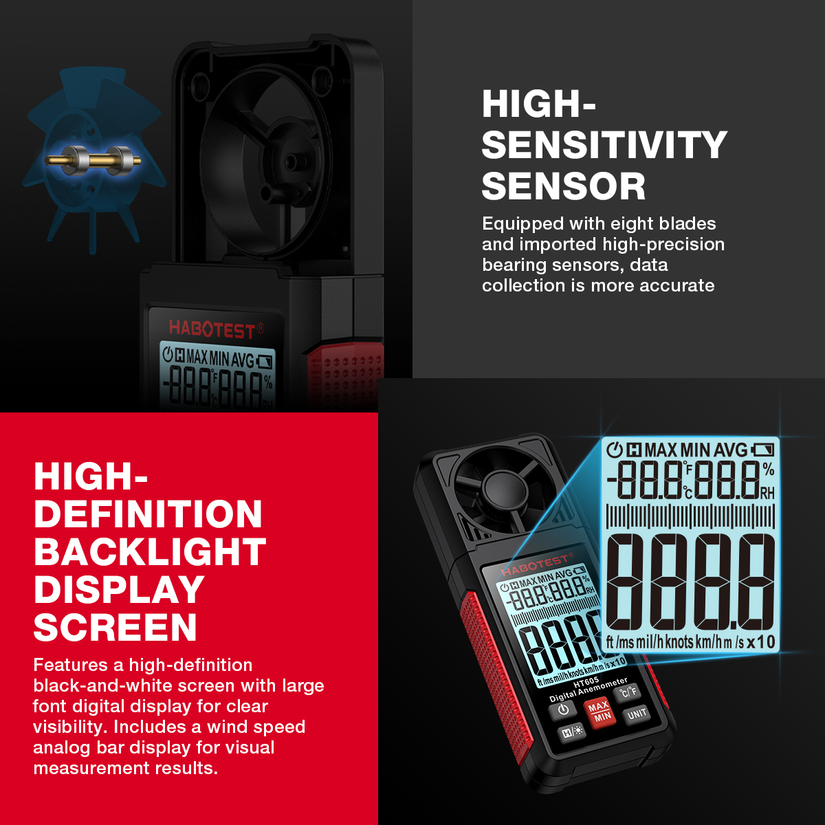 HABOTEST HT605 Digital Anemometer Portable Wind Speed Meter Air ... HABOTEST HT605 Digital Anemometer Portable Wind Speed Meter Air ...