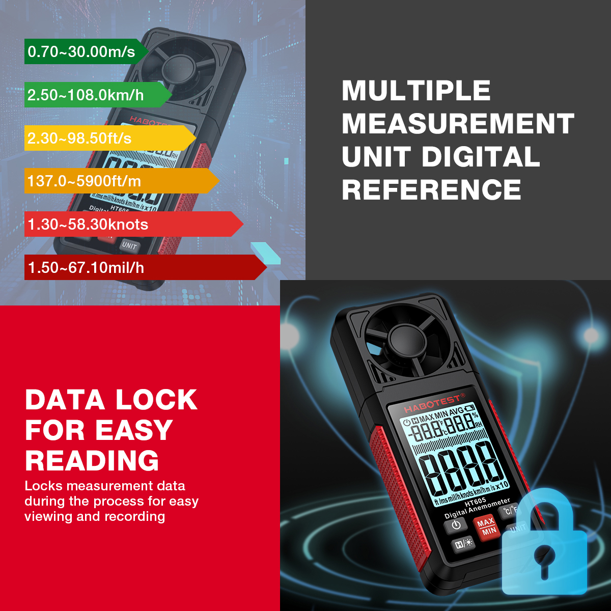 HABOTEST HT605 Digital Anemometer Portable Wind Speed Meter Air ... HABOTEST HT605 Digital Anemometer Portable Wind Speed Meter Air ...