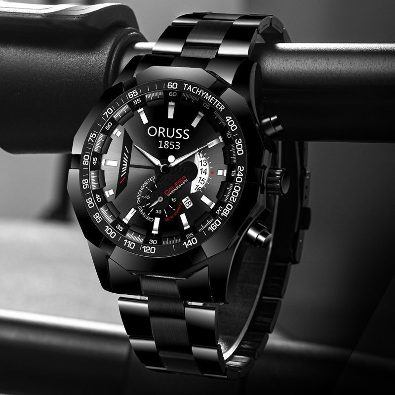 ORUSS Original Men Luxury Stainless Steel/Leather Date Silver/Black ...