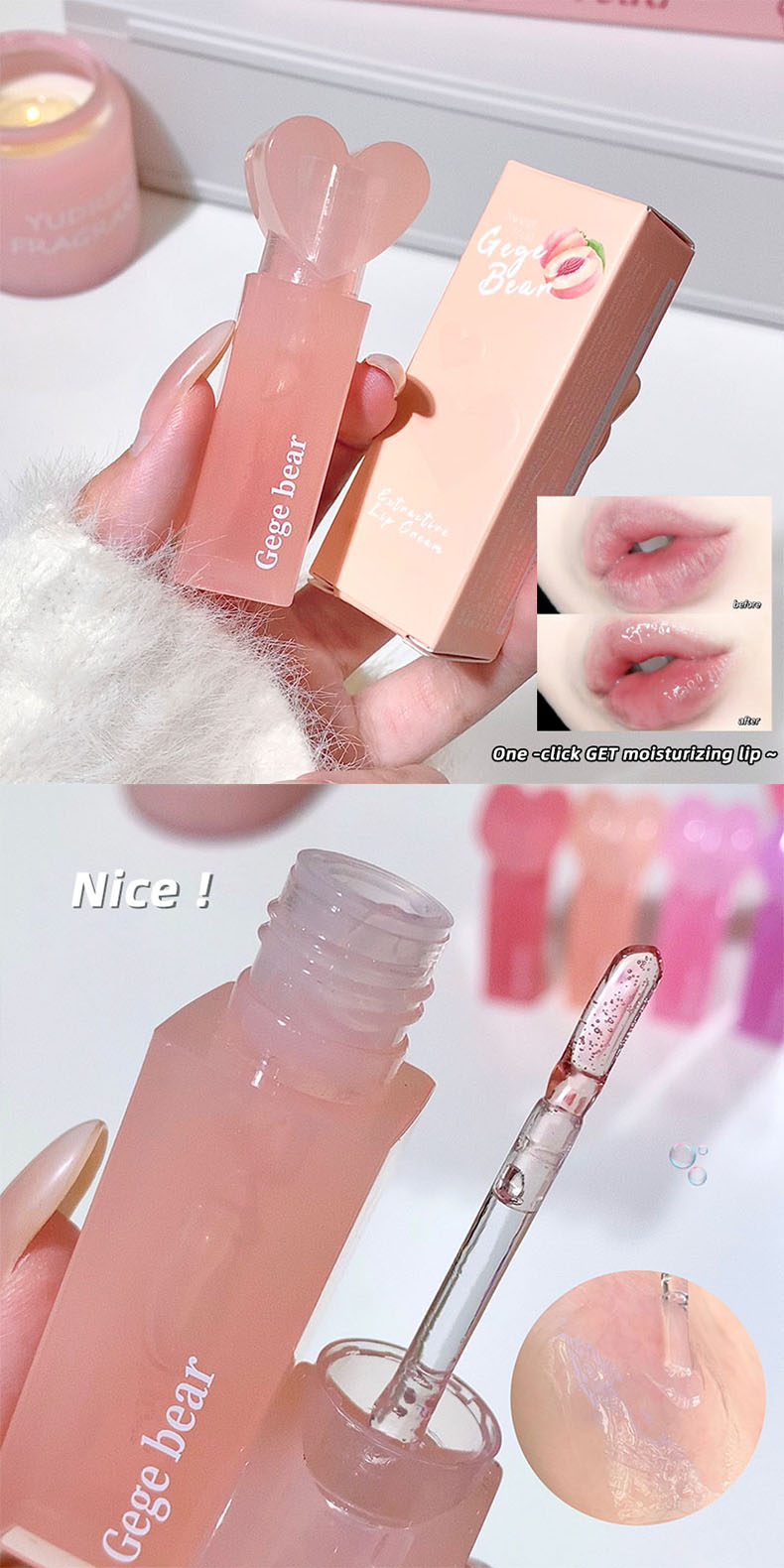 Gege Bear Clear Lip Gloss Lip Oil Lip Cream, Lip Care for Glossy and Moisturized Lips, Enriched ...