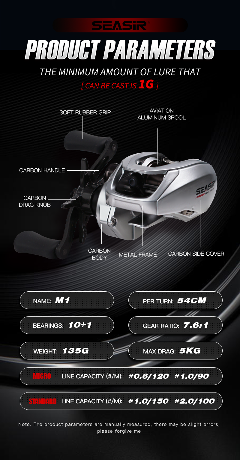 SEASIR M1 135G Metal Frame Baitcasting Fishing Reel Ultralight 10+1 BB 7.6:1 Carbon Fiber Drag ...