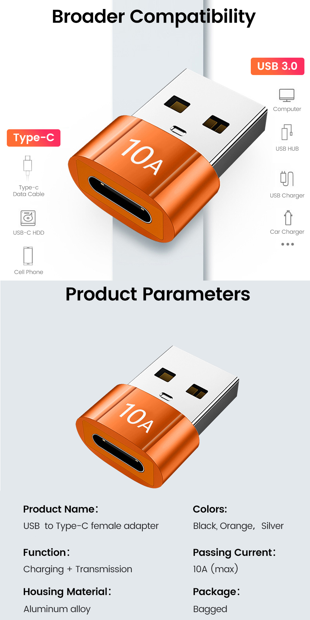 USB3.0 to Type C Adapter USB-C otg Fast Charging Connector Type C Male ...