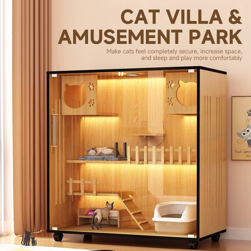 Large Indoor Cat Enclosure Wooden Large Cat Villa with Wheels,Multi ...