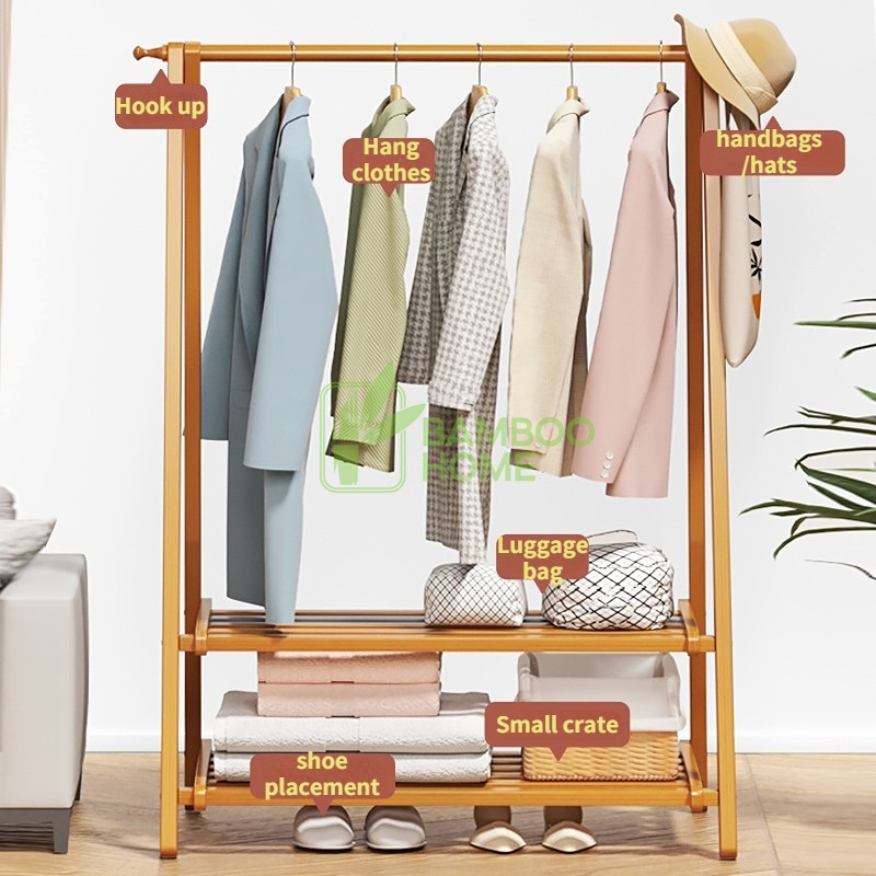 Bamboo Clothes Rack Foldable 66/86/116CM Clothes Hanging Rack Gantung ...