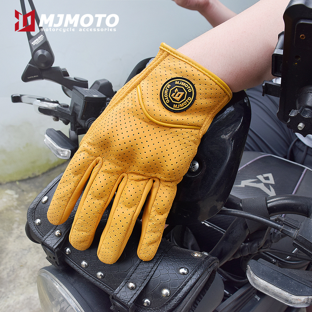 MJMOTO Retro Motorcycle Leather Gloves Summer Breathable Men's ...