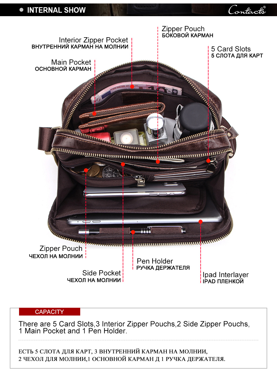 CONTACTS Genuine Leather Men Messenger Bag For Tablet Credit Card ...