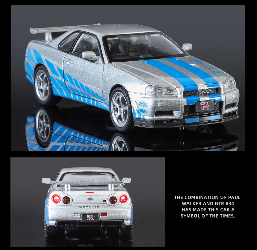 1:32 Scale Nissan GTR R34 Skyline Alloy Car Model Light & Sound Effect ...