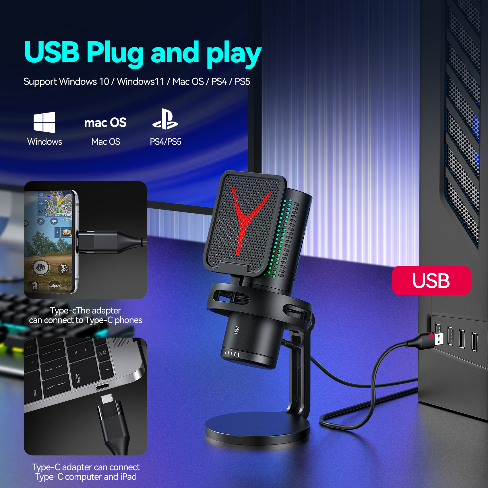 Gaming Microphone Professional Condenser Mic PC Laptop Computer Mike ...