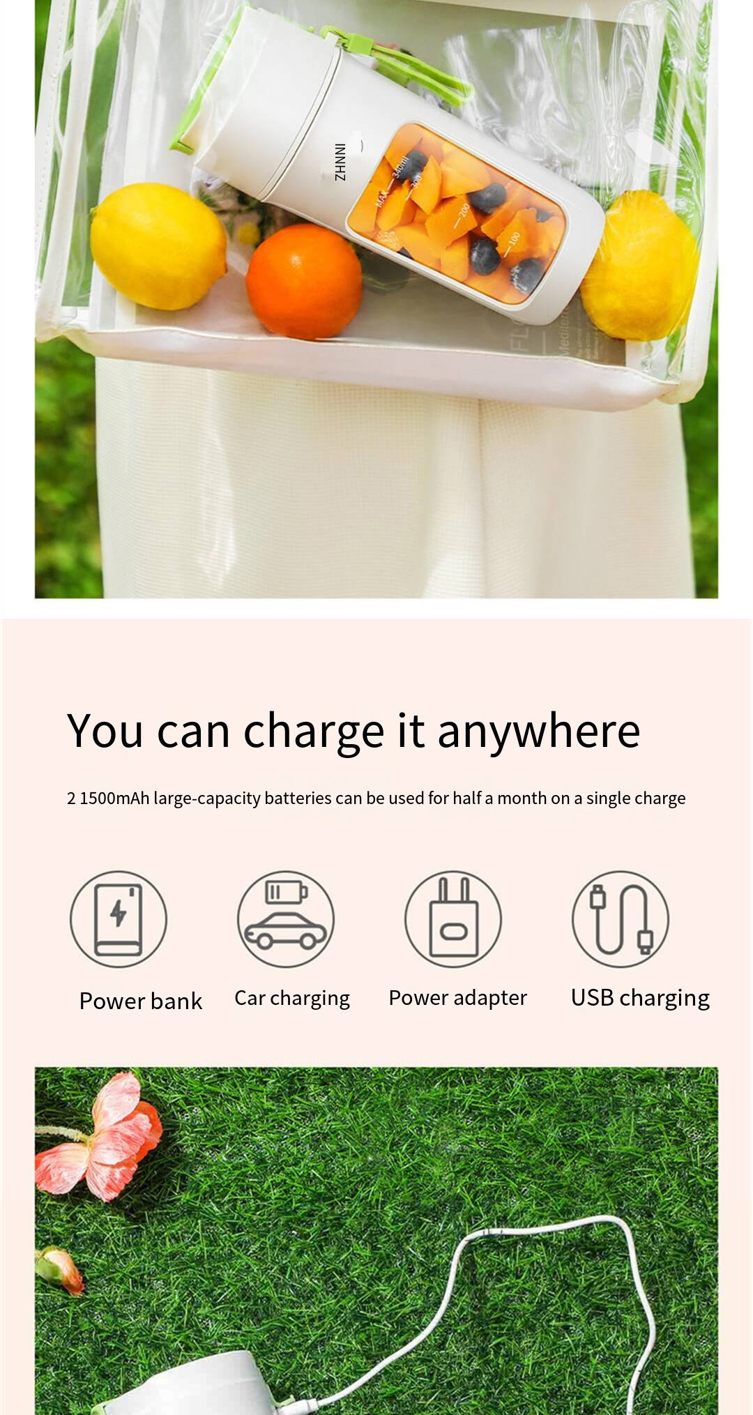 Zhenmi J5 Direct Drinking Portable Juicer 10 Blades Can Punch Smoothie Fresh Juicer 340ML Type-C ...