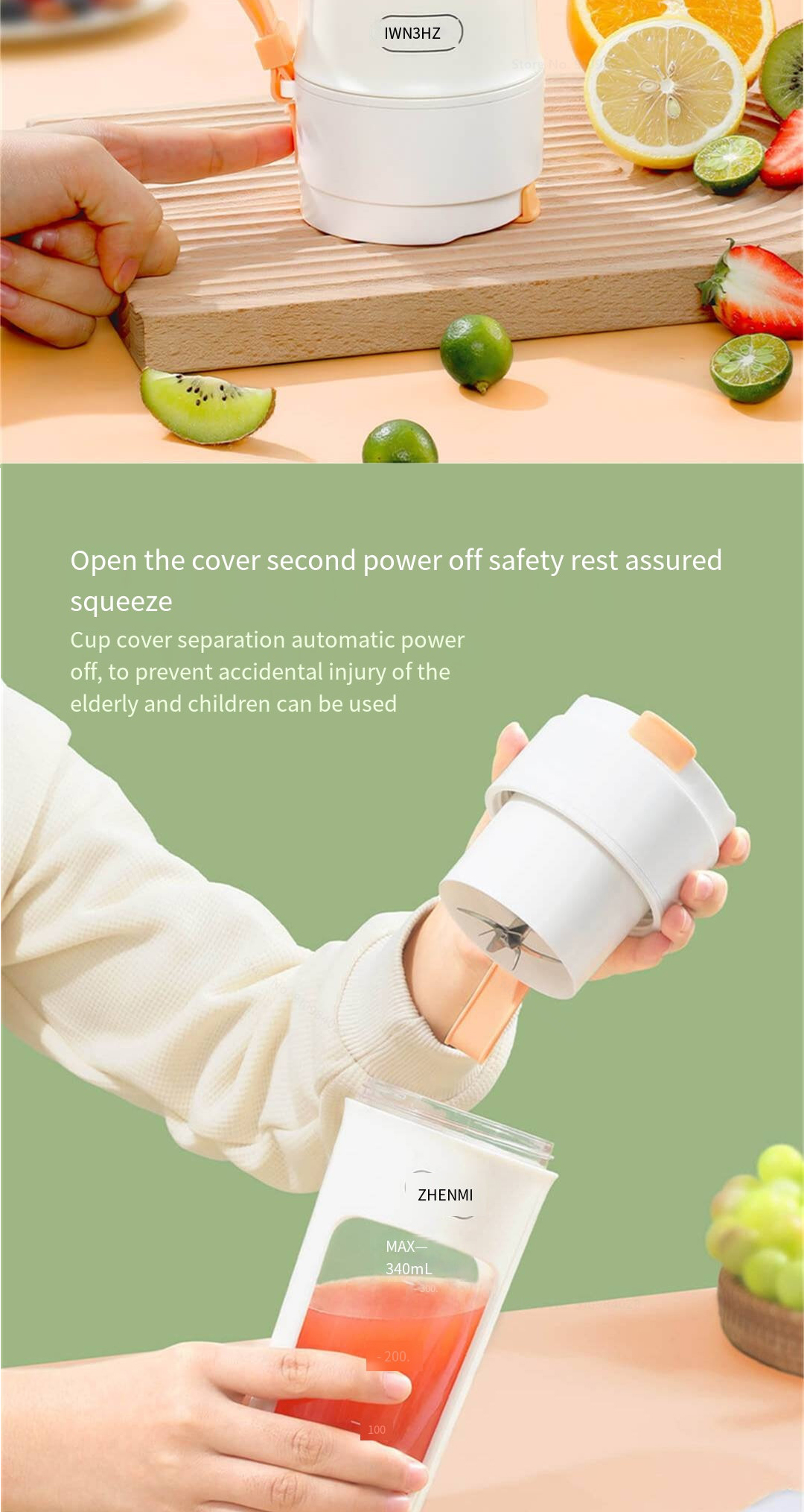 Zhenmi J5 Direct Drinking Portable Juicer 10 Blades Can Punch Smoothie Fresh Juicer 340ML Type-C ...