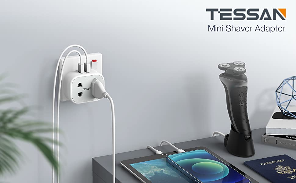 TESSAN 2 Pin to 3 Pin Adapter Plug Socket with 2 USB, Shaver Plug ...