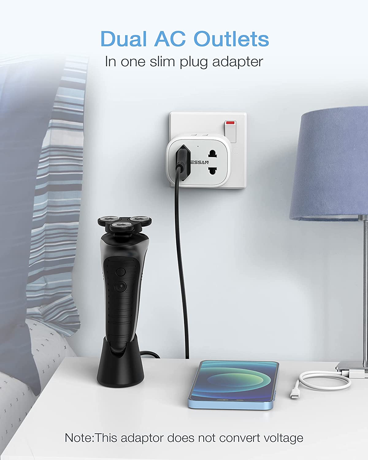 TESSAN 2 Pin to 3 Pin Adapter Plug Socket with 2 USB, Shaver Plug ...