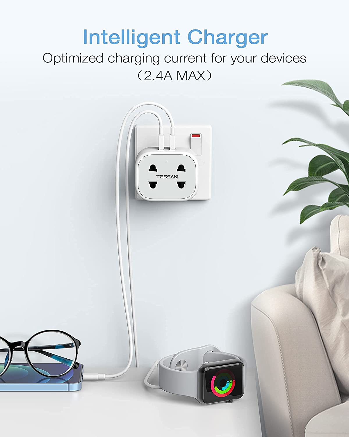 TESSAN 2 Pin to 3 Pin Adapter Plug Socket with 2 USB, Shaver Plug ...