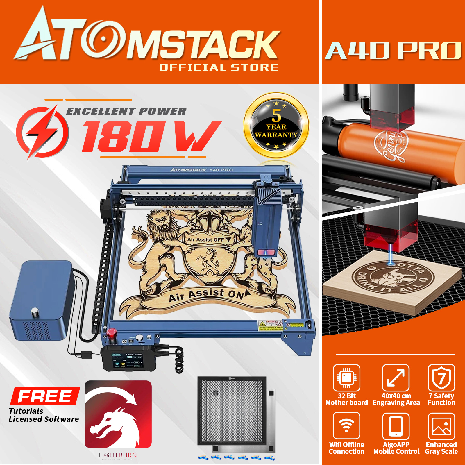 ATOMSTACK A40 Pro Laser Engraving 180W Machine High Speed Linear One-Button Switching Engraver ...